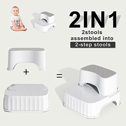 Beideli 2-in-1 Toddler 2 Step Stool β Elegant Double Up Step Stools for Kids Anti-Slip Toddler Two Stepping Stool for Bathroom Sink Kitchen and Toilet Potty Training (White)