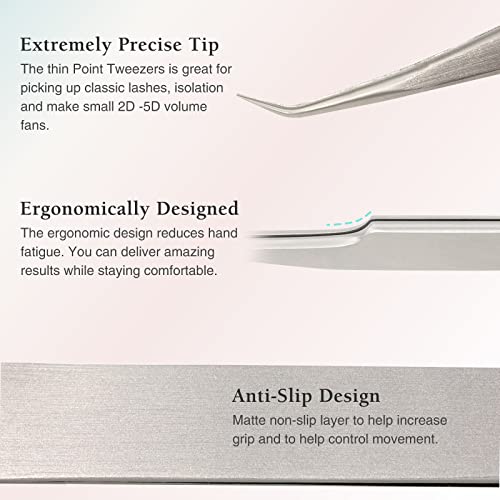 Eyelash Extension Tweezers for Individual and 3D 5D 6D Volume Lashes Curved Point Professional Stainless Steel Precision Lash Extension Tweezers