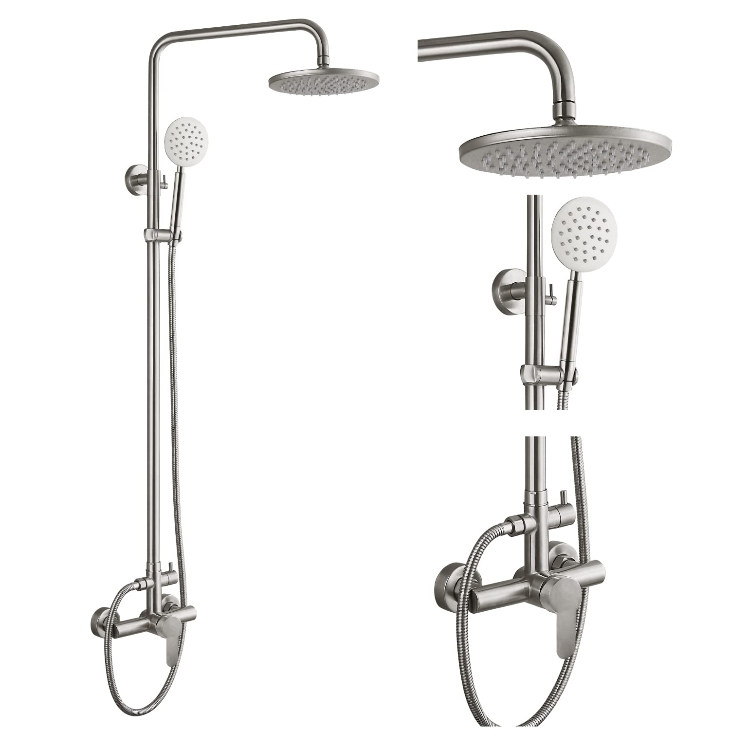 Airuida SUS304 Outdoor Shower Fixture Brushed Nickel Exposed Shower Faucet Combo Set Single Handle 8 Inch Thicken Rainfall Showerhead With Handheld Spray Wall Mount Dual Functions