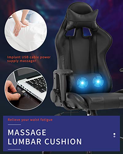 Gaming Chair Racing Office Chair Massage Swivel Chair High Back PU Leather Executive Rolling Task Adjustable Computer Chair with Lumbar Support Headrest Armrest Desk Chair for Adults (Black)