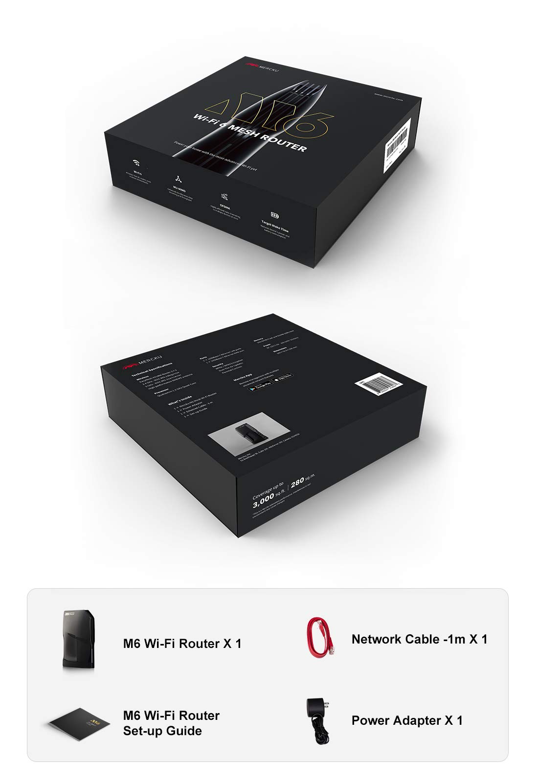 Mercku M6 Wi-Fi 6 Router for Wireless Internet Mesh Wi-Fi System 1 Pack up to 3,000 Sq.Ft. Can Add More Units to Form a Mesh Wi-Fi System, Dual-Band Gigabit Router, App Control, AX1800, Cosmo Black