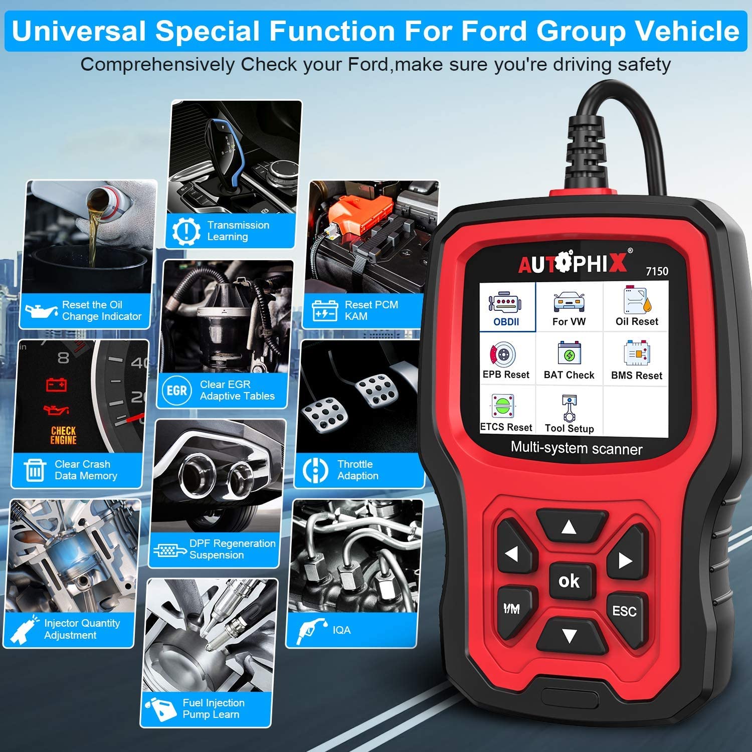2024 Elite AUTOPHIX 7150 Full System Diagnostic Scan Tool Fit for Ford Lincoln Mercury All Function OBD2 Scanner with Engine ABS SRS SAS Oil EPB DPF TPMS Reset Code Reader Battery Registration Tool