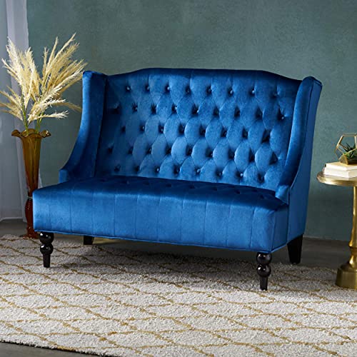 Christopher Knight Home Leora Traditional Tufted Velvet Wingback Loveseat, Navy Blue / Dark Brown