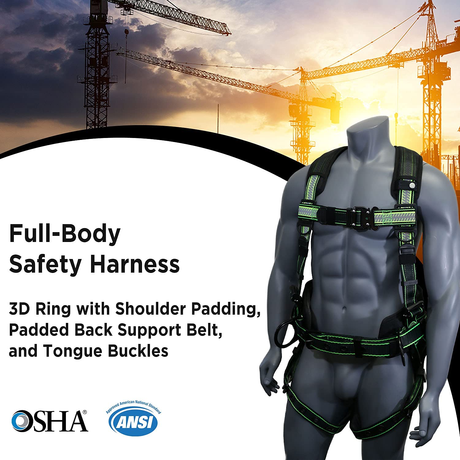 AFP Fall Protection Premium Reflective Black Safety Harness w/Hi-Viz Lime, Vented & Padded Shoulder, Legs and Back, 8” Thick Back Support Belt, 3 D-Rings, Tongue Buckle, Quick Release (OSHA/ANSI PPE)