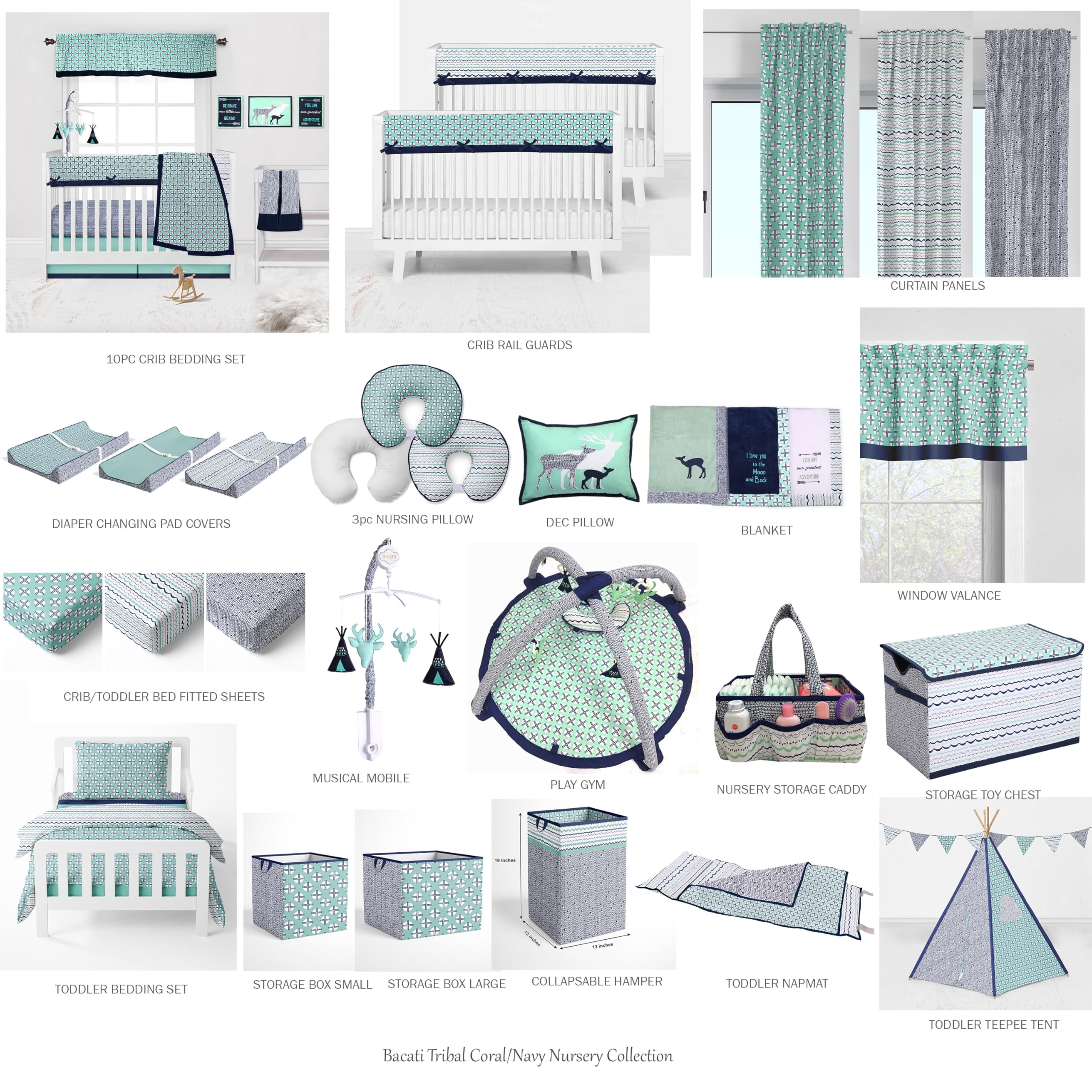 Bacati - 2 Pack NOAH Tribal Boys 100% Cotton Soft Breathable Percale Universal Baby US Standard Crib or Toddler Bed Fitted Sheets (Garland, Mint Navy)