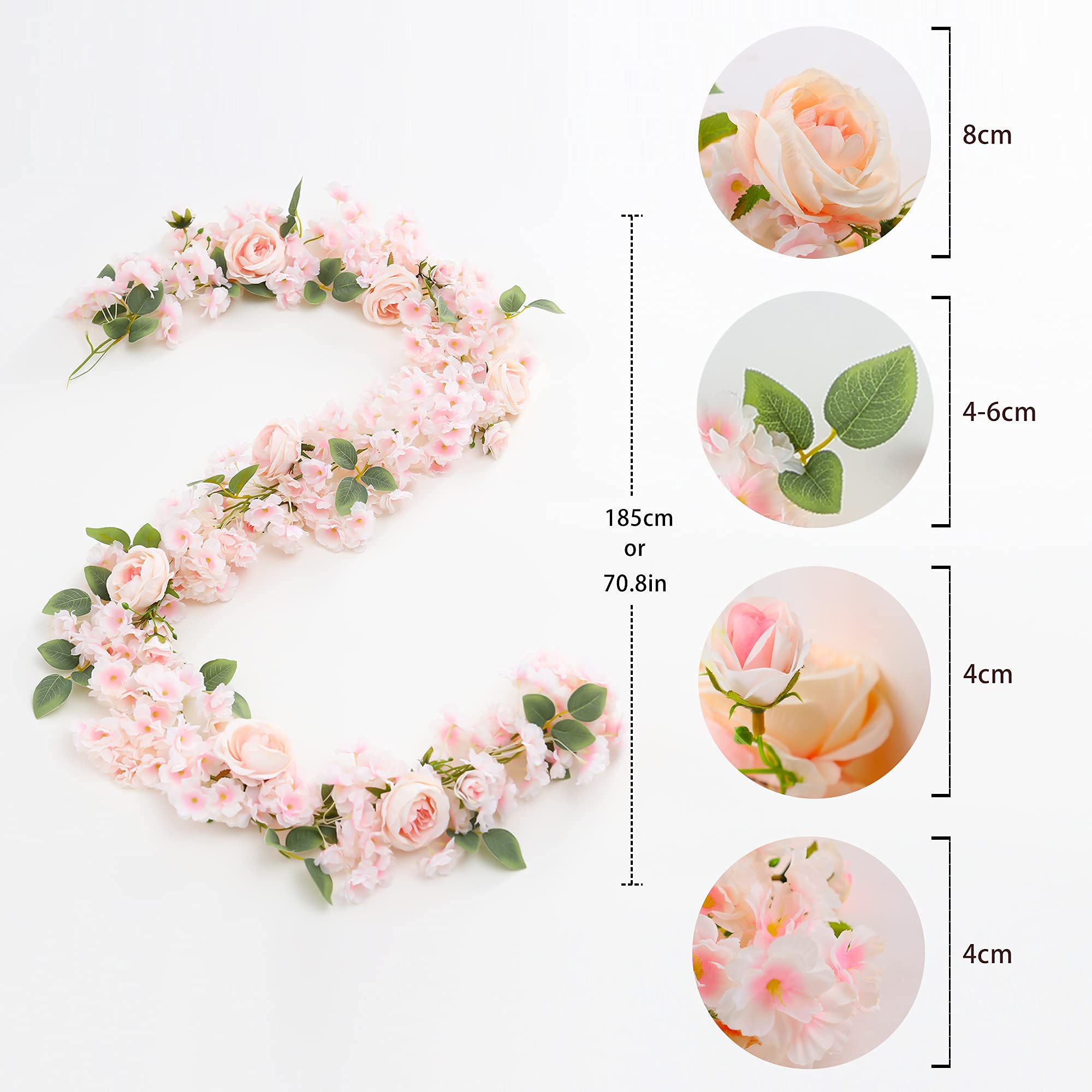 Anna's Whimsy 6.07FT Rose & Cherry Blossom Garland, Silk Artificial Flower, Flower Hanging Vines for Wedding Arch Party Table Home Garden Outdoor Kawaii Decor
