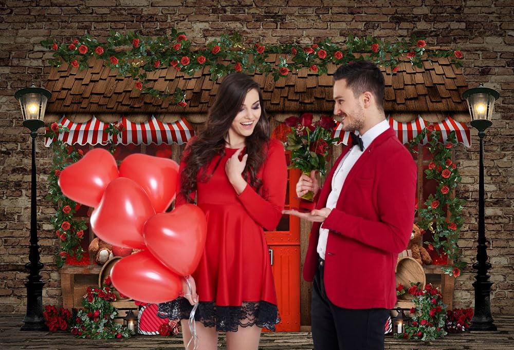 Avezano Valentine's Day Photography Backdrop Red Rose Brick Wall Valentine Portrait Background Flower Shop Love Wedding Bridal Shower Backdrops Photo Studio (7x5ft)