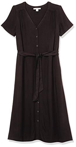Amazon Essentials Women's Short-Sleeve Midi Button Front Tie Dress, Black, Large