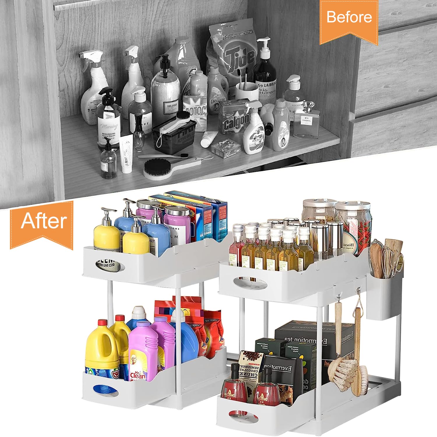 2 Pack Double Sliding Bathroom Cabinet Organizer, 2 Tier Under Sink Organizers w. Drawers & Storage, Baskets w. 8 Hooks & 4 Hanging Cups, Under Sink Storage for Kitchen Bathroom