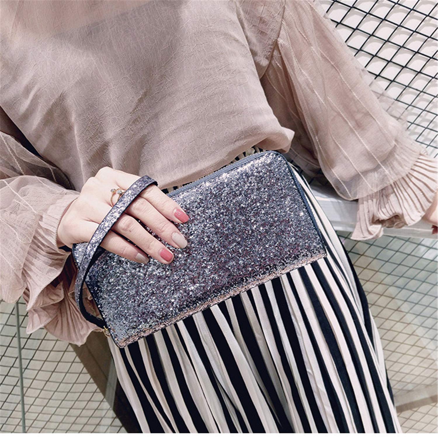 Andongnywell Glitter Wallet for Women Sparkly Zip Around Wallets Shiny Long Phone Clutch Purse with Card Slots (Silver)