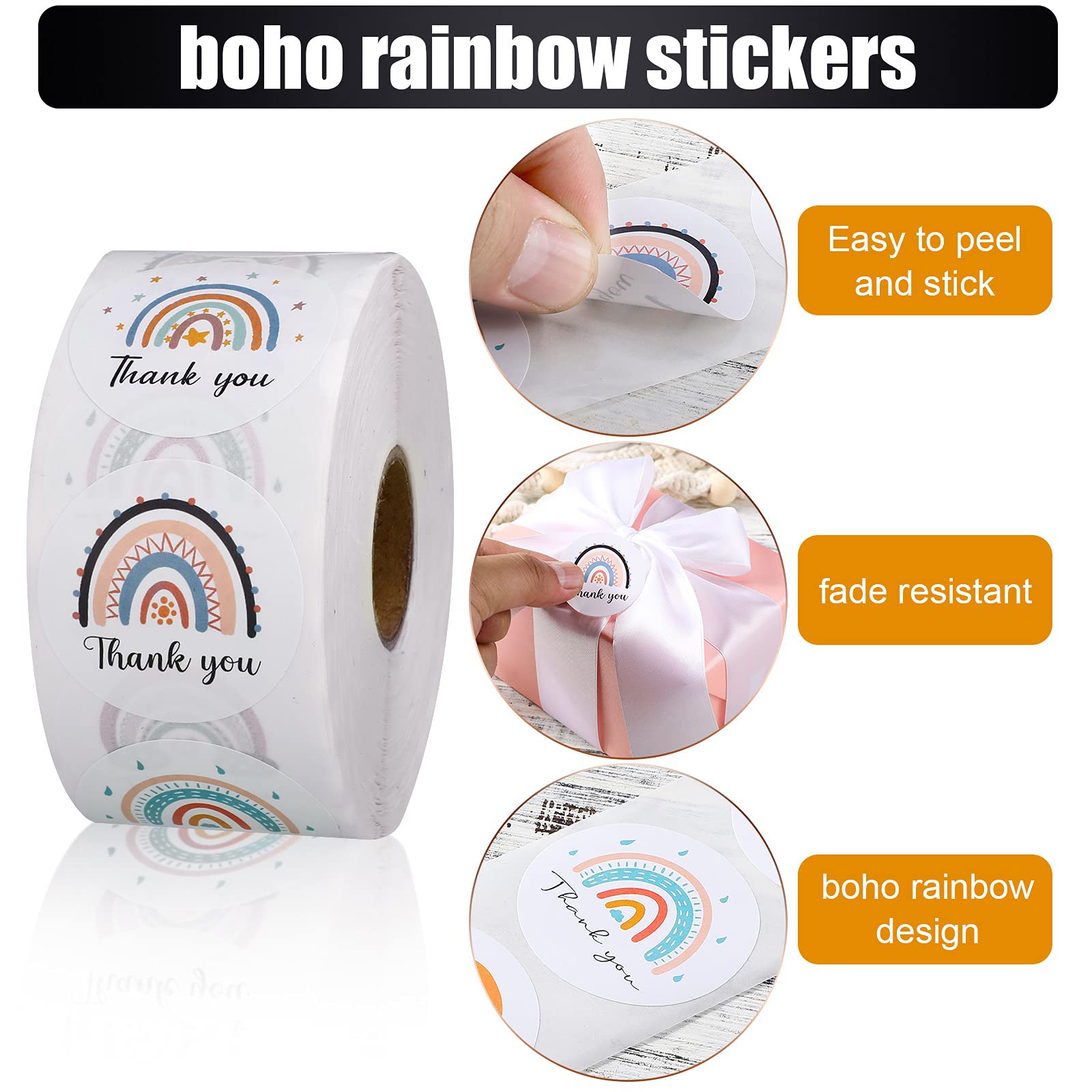 Outus 1000 Pieces Rainbow Thank You Label Stickers 1.5 Inch Round Thanks You Stickers Boho Adhesive Business Label Envelope Seals Rolls for Card Box Packing Gifts Bag, 8 Styles
