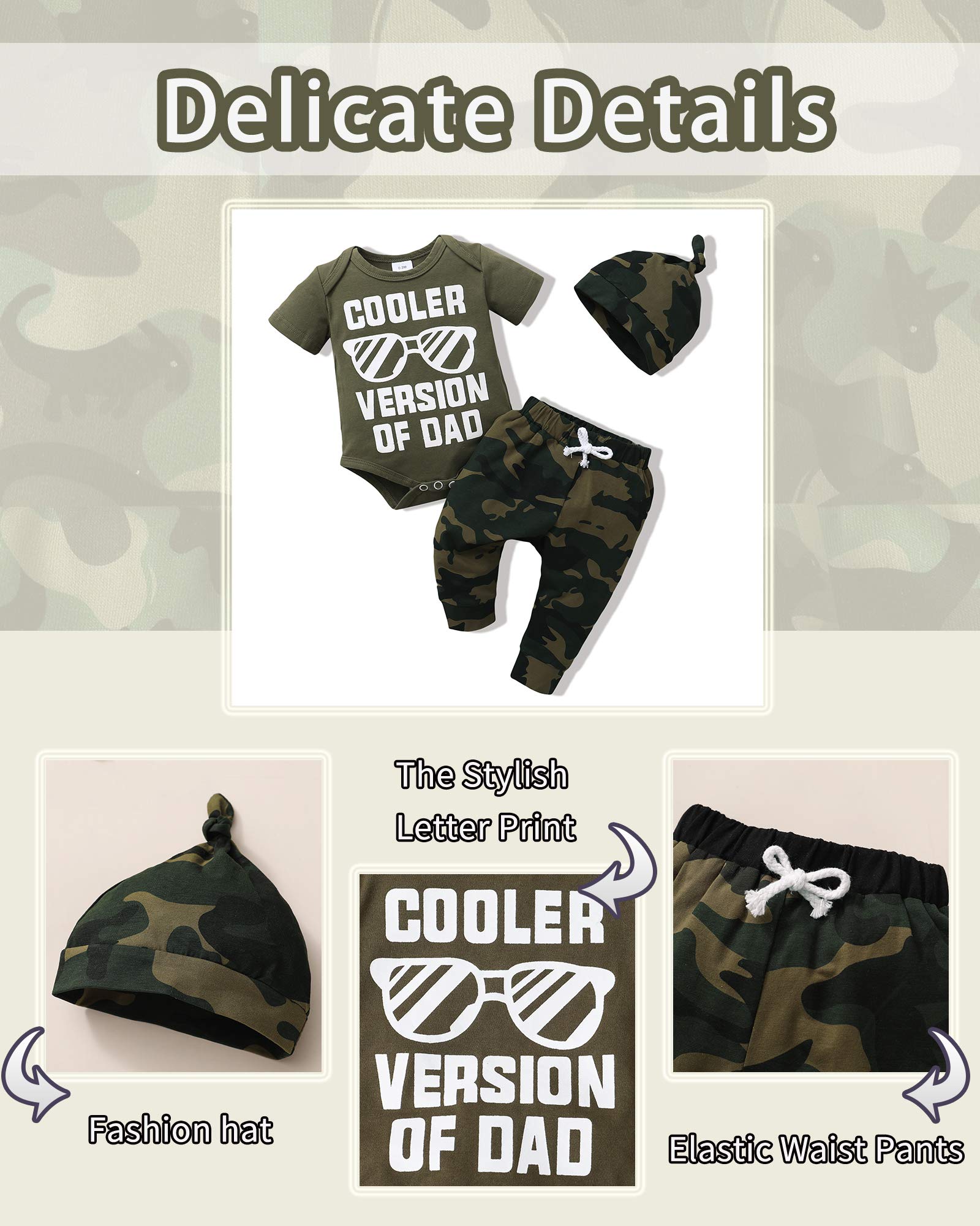 NZRVAWS Baby Boy Clothes Newborn Boy Outfit 3-6 Months Romper Short Sleeve Cooler Version Of Dad Top Camouflage Long Pants Hat 3PC Infant Clothing Set
