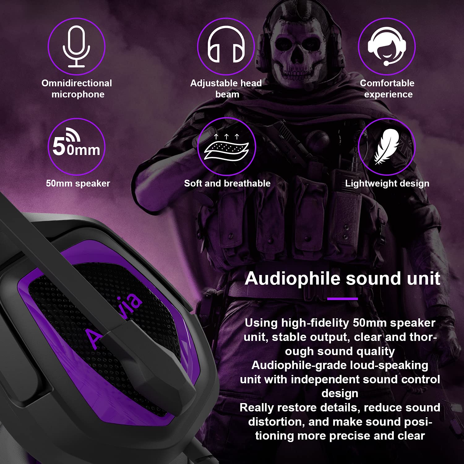 Anivia Over Ear Headphones Wired with Surround Sound, Bass, Volume-Control, Soft Memory Earmuffs for Multi-Platforms - 3.5mm Headsets Stereo Gaming Headset with Microphone - Black Purple