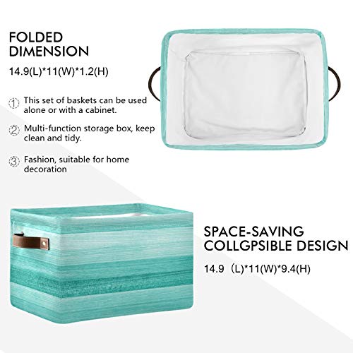 Large Foldable Storage Basket, Teal Turquoise Green Wood Fabric Storage Bin Organizer Bag with Handles 15 x 11 x 9.5 inch