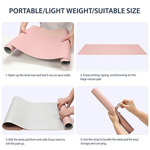 AFRITEE Desk Pad Desk Protector Mat - Dual Side PU Leather Desk Mat Large Mouse Pad, Writing Mat Waterproof Desk Cover Organizers Office Home Table Gaming Decor (Rose Pink/Silver, 23.6" x 13.8")