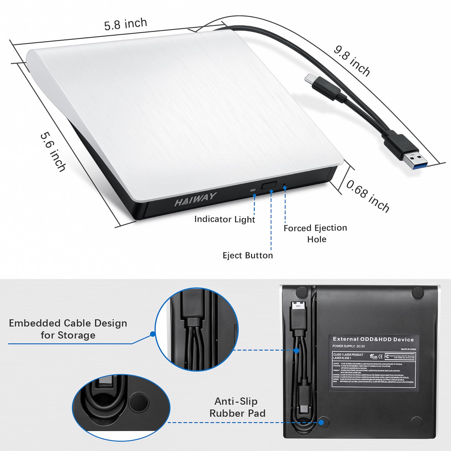 Haiway External DVD Drive, USB 3.0 Type-C CD Burner Portable CD DVD +/-RW Optical Drive Slim CD DVD ROM Rewriter CD/DVD Player Writer Reader for Laptop Desktop MacBook PC Windows Linux Mac OS (White)