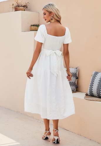 ANNA&CHRIS Womens Summer Puff Sleeve Midi Dress A Line V Neck High Waist Tie Back Smocked Tiered Boho Wrap Dresses White L