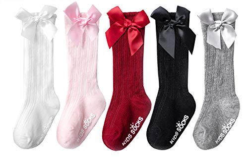 Sarfel Toddler Girl Knee High Socks Baby Non-Slip Socks Infant Long Tube Ruffled Stockings Gifts 5 Pairs Bow 12-36 Months