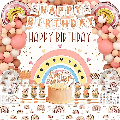 263Pcs Boho Rainbow Birthday Decorations, Boho Rainbow Birthday Party Supplies, Bohemian Birthday Party Decorations, Include Banner, Cake & Cupcake Topper, Backdrop, Tablewares, Balloon and Stickers