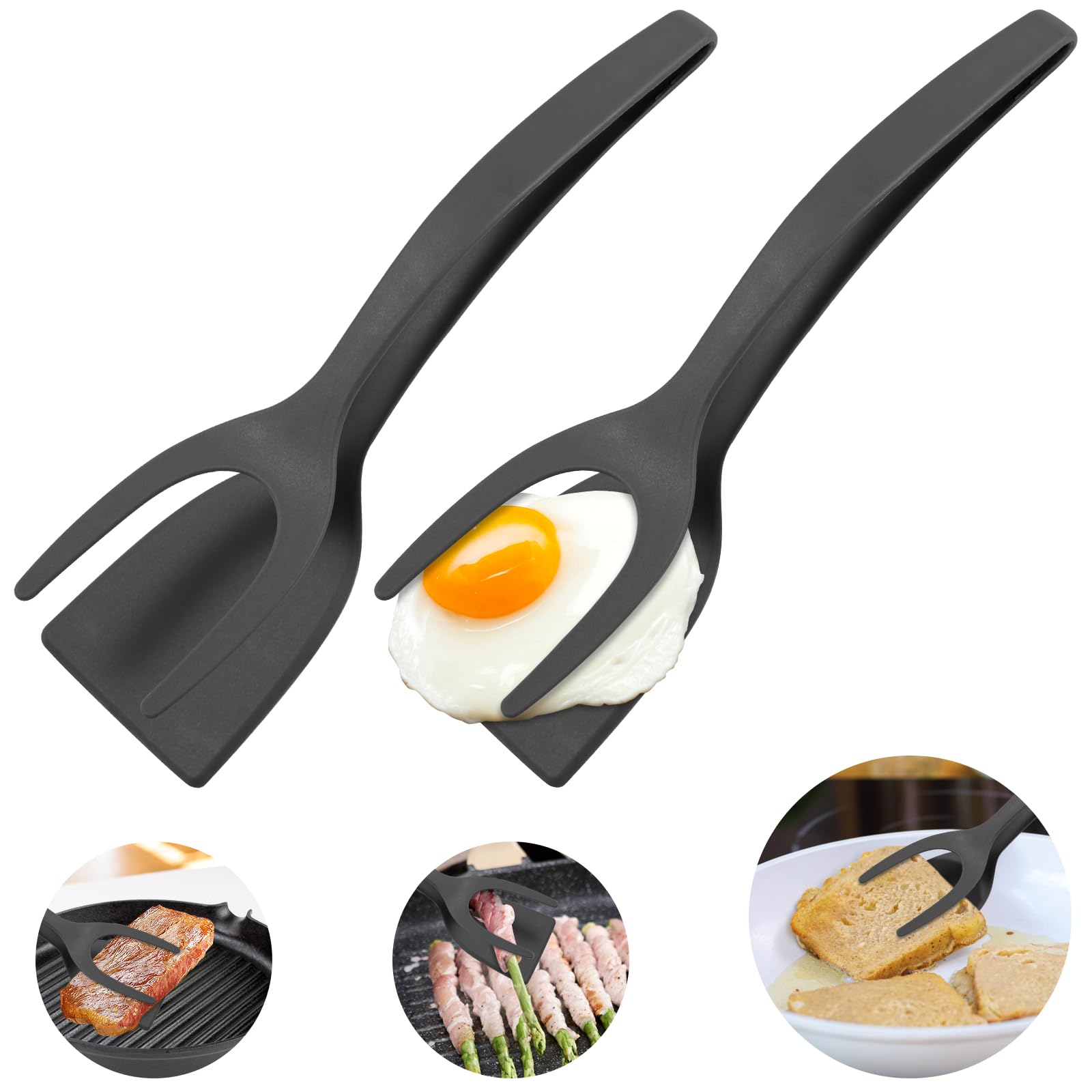 2 PCS BLACK FOOD SPATULAS Tong, Kitchen Egg Flipper Spatula Tongs, 2 in 1 Grip and Flip Spatula Flipper for Eggs and Pancakes, Fish, Omelet Black