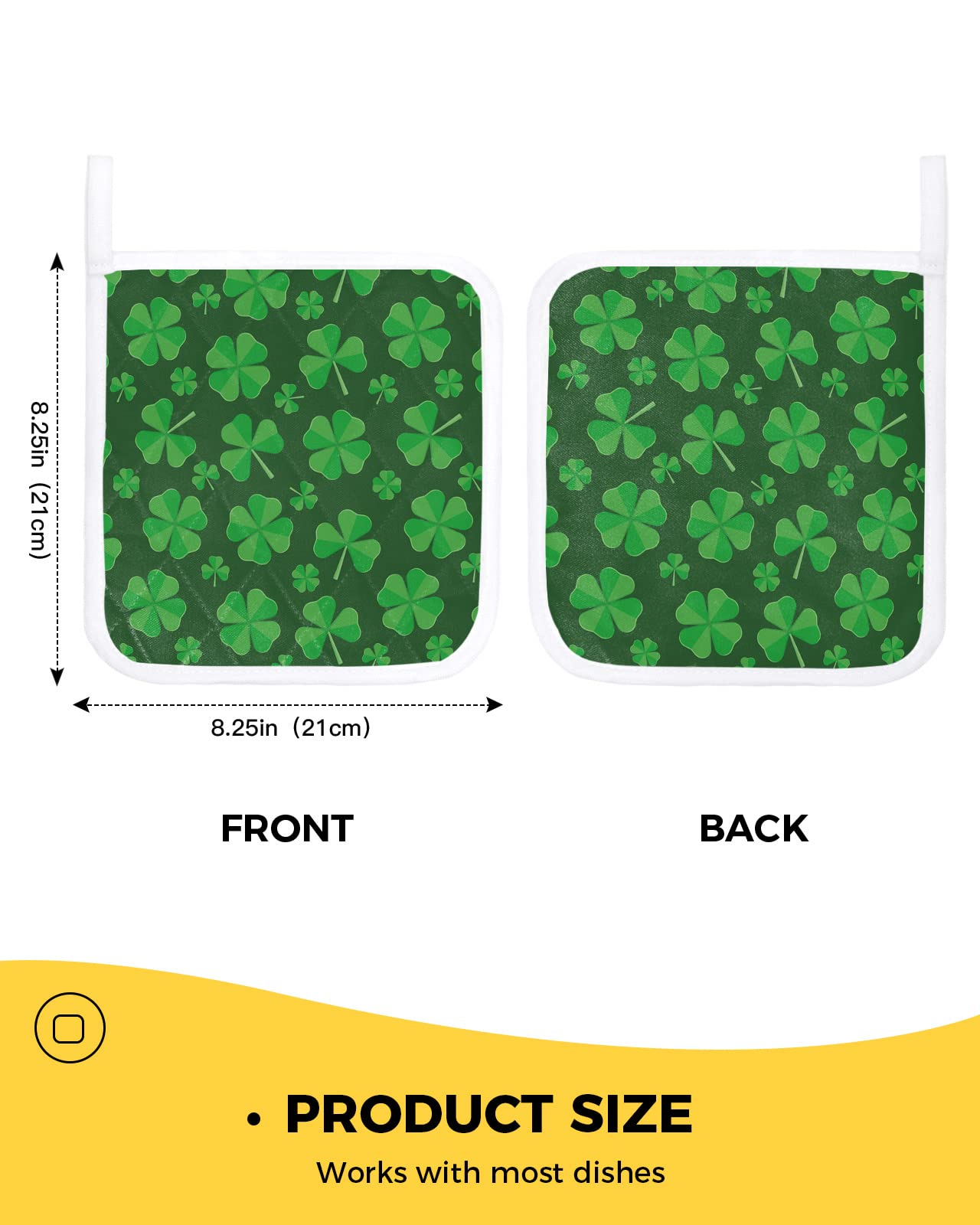 2 Pack Pot Holders for Kitchen,St. Patrick's Day Green Shamrock Heat Proof Potholder Hot Pads Trivet,Four Leaf Clover Black Back Seamless Washable Coaster Potholders for Cooking Baking Grilling