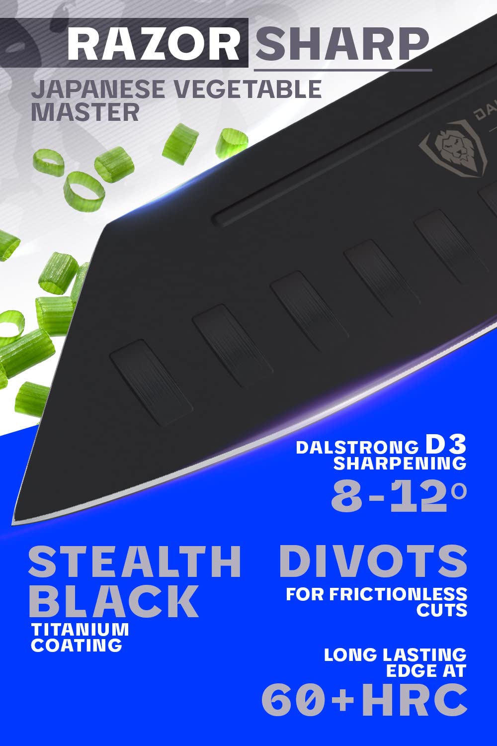 Dalstrong Santoku Knife - 7 inch - Delta Wolf Series - Ultra-Thin & Zero Friction Blade - Black Titanium Nitride Coating Vegetable Kitchen Knife - G10 Camo Handle - Leather Sheath