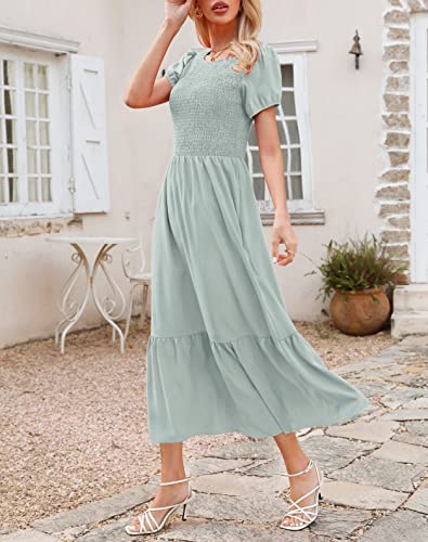 Annebouti 2023 Women's Summer Puff Short Sleeve Dress Modest Flowy A Line Ruffle Tiered Long Casual Smocked Maxi Dress with Pockets Solid Light Green S