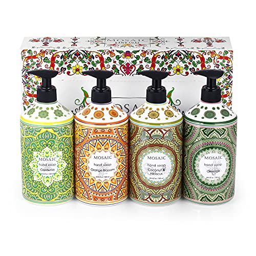 Mosaic Liquid Hand Soap / Wash Gift Set, Ideal Bathroom Kitchen Hand Soap Set , Olive Oil + Coconut & Hibiscus + Gardenia + Orange Blossom, 4 x 24.6 fl oz Each Liquid Soap Bottle