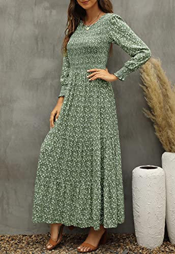 Annebouti Women's 2023 Fall Casual Long Sleeve Maxi Dress Boho Tiered Smocked Office A-Line Modest Floral Long Dresses for Women Olive M