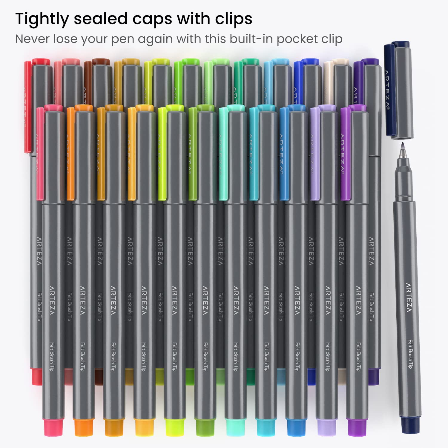 ARTEZA Felt Tip Pens, Set of 24 Landscape Brush Tip Calligraphy Pens for Note Taking, Sketching, Cross-Hatching, Outlining, Dye-Based Ink, Smear-Free
