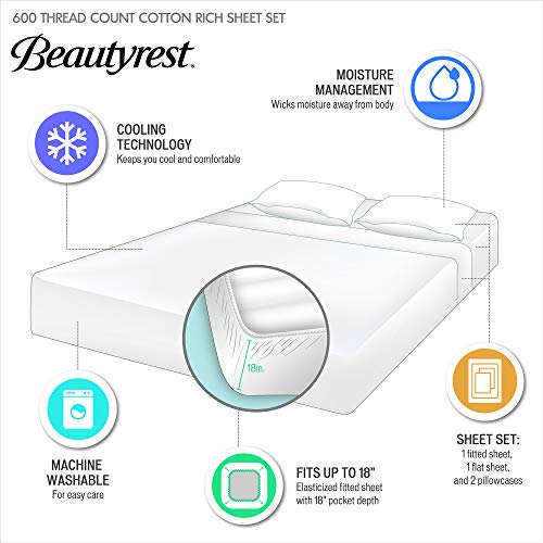 Beautyrest BR 600 TC Cooling Cotton Blend Solid Sheet 16 Inch Deep Pocket Hypoallergenic, All Season, Soft Bedding-Set, Matching Pillow Case, Queen, White 4 Piece,BR20-0987