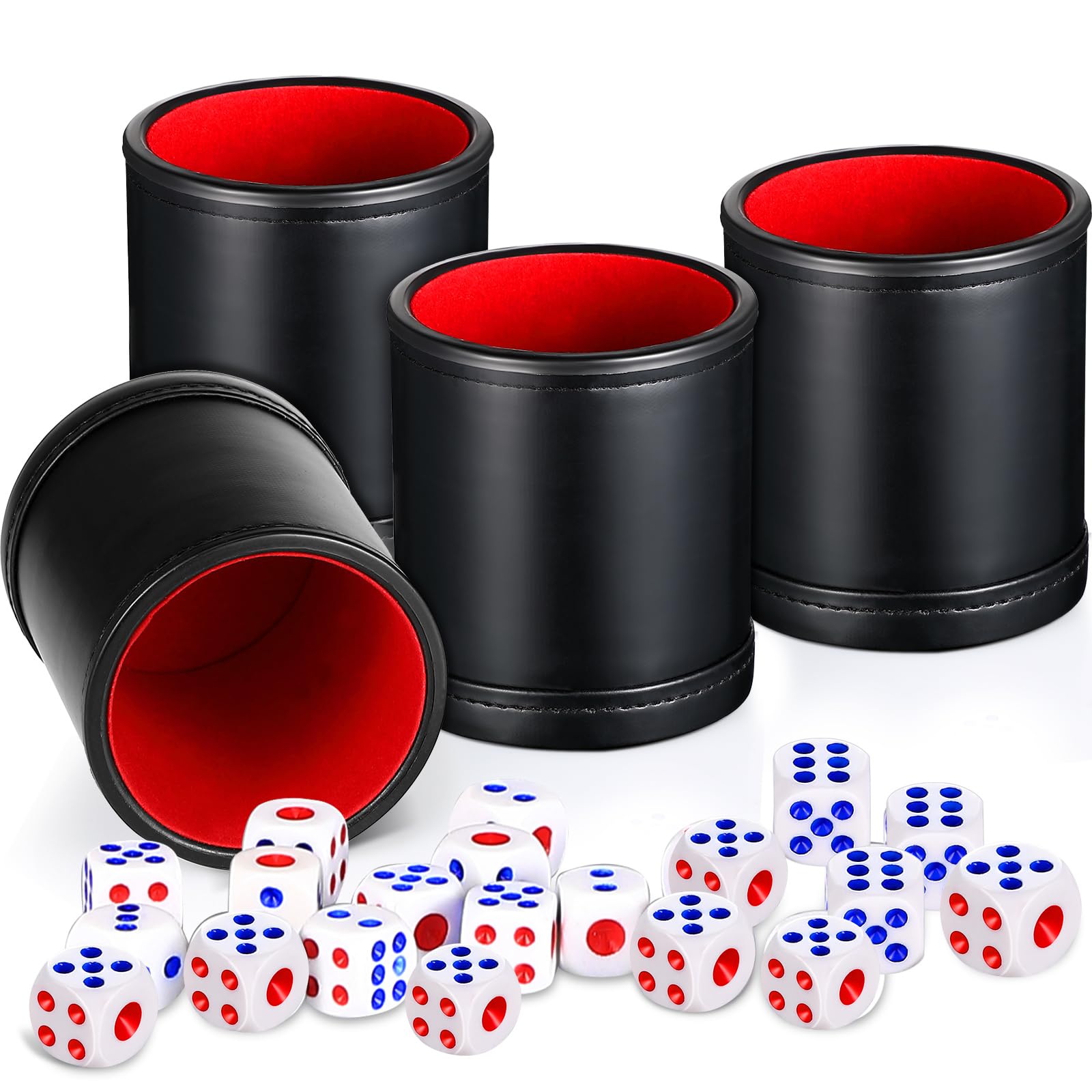 4 Pieces PU Leather Dice Cups, PU Leatherette Dice Cup Set, Red Felt Lining Quiet Shaker with 20 Dices for Craps Farkle Game Kill Time Pressure