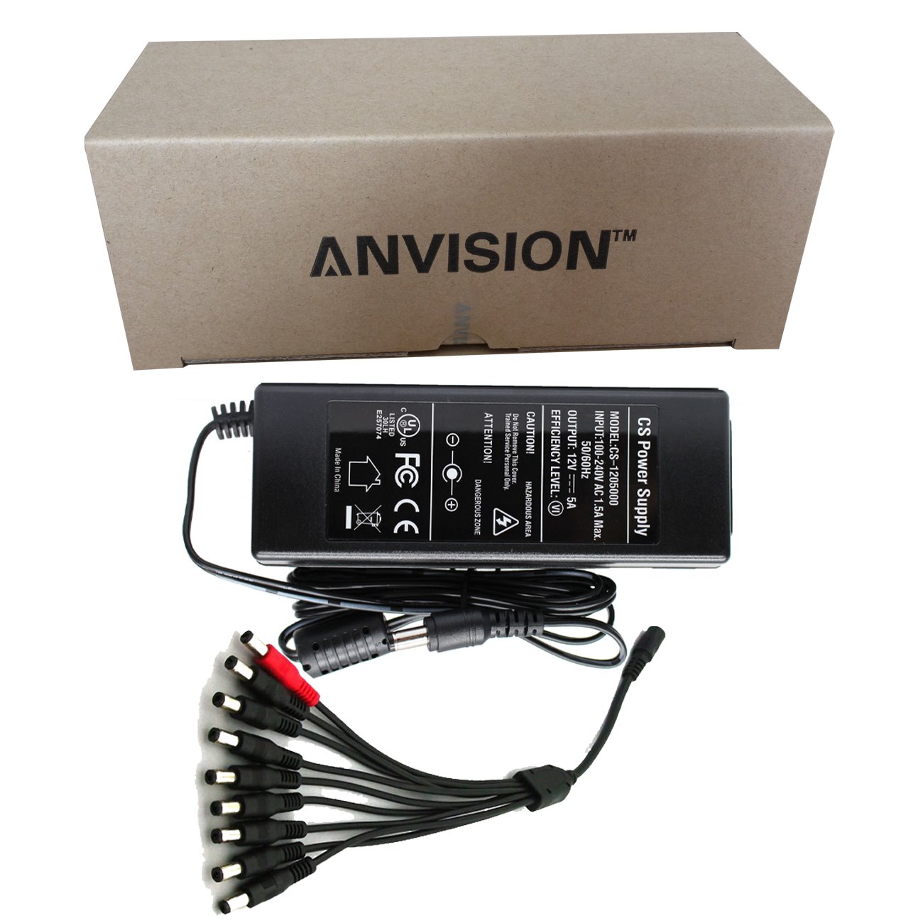 ANVISION AC to DC 12V 5A Power Supply Adapter with 9 Way Splitter Cable, Plug 5.5 x 2.1mm for Led Light Strips, NVR DVR Security Camera, Efficiency Level VI
