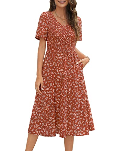 Annebouti Women 2023 Summer Short Sleeve V Neck Beach Modest Boho Floral Tiered Smocked Casual Midi Dress with Pockets Brown