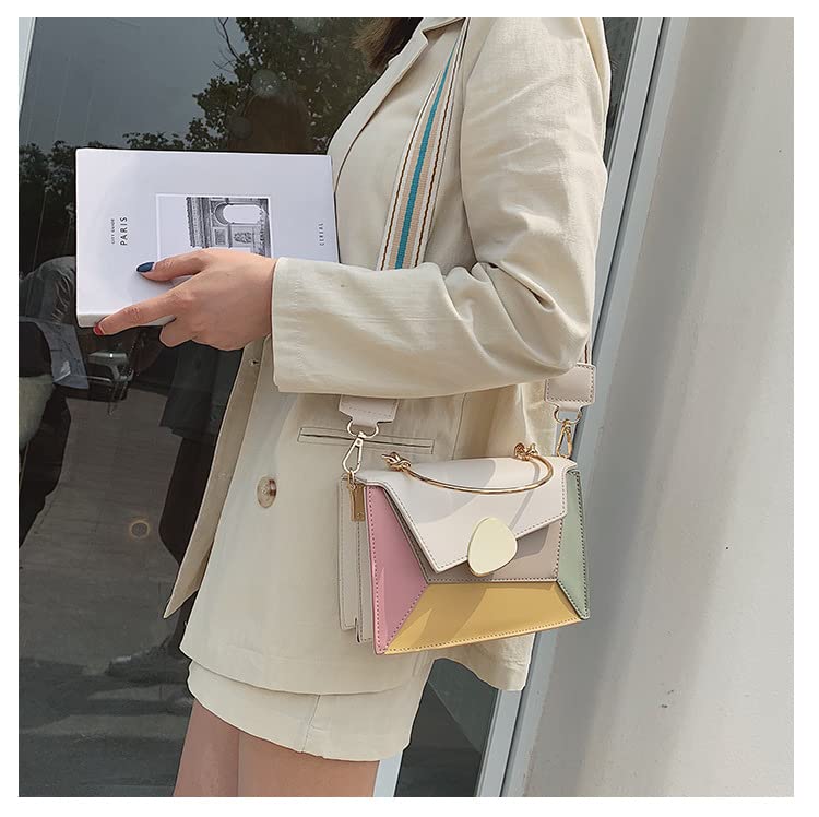 2022 Women Bag Flap PU Korean Lady Patchwork Hasp Chains Metal Handle Luxury Designer Bag Handbag Shouder Bag Wide Strap (White)