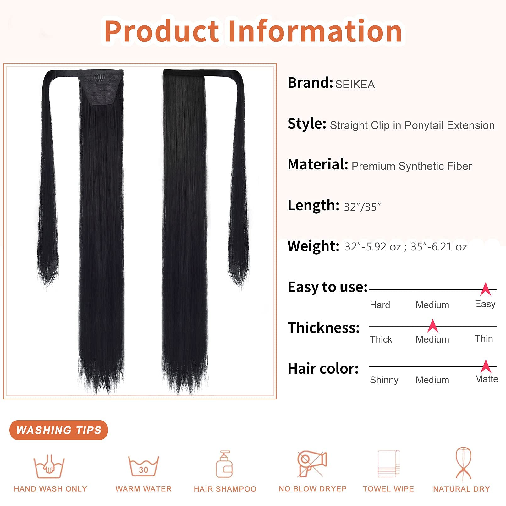 SEIKEA 35 Inch Clip in Ponytail Extension Wrap Around Long Straight Pony Tail Hair Synthetic Hairpiece for Women - Black