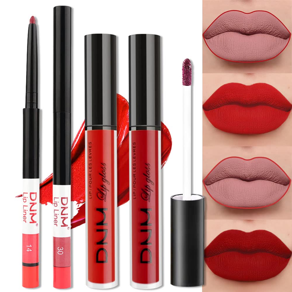 2 Colors Liquid Matte Lipstick and Lipliner Set, Brown Nude Lip Tint 24 Hour Waterproof Velvet Nonstick Cup Lipgloss Lip Stain Pigmented Lip Makeup Gift Sets for Girls and Women Labiales25&27