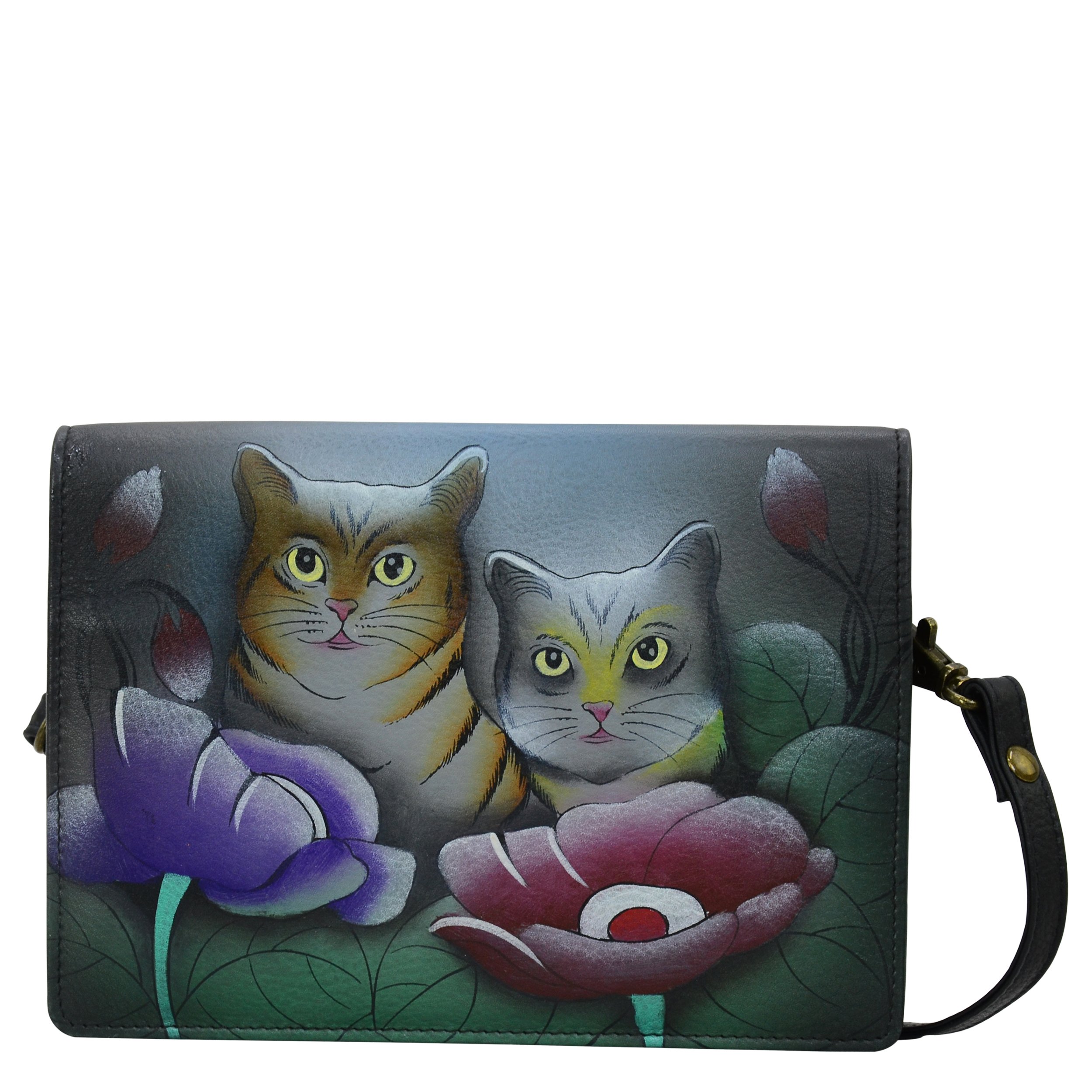 Anna by Anuschka Women’s Hand-Painted Genuine Leather Two Fold Wallet On a String - Two Cats Grey