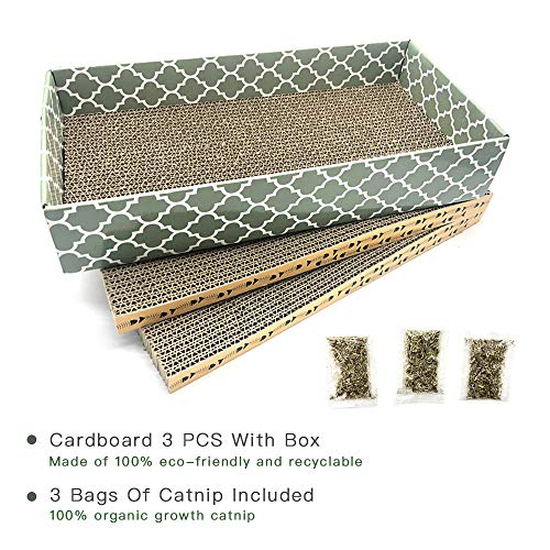 MECOOL Cat Scratcher Cardboard Scratching Pads Scratch Lounge Bed with Catnip 3PCS Reversible Corrugated Cardboard with Scratch Box