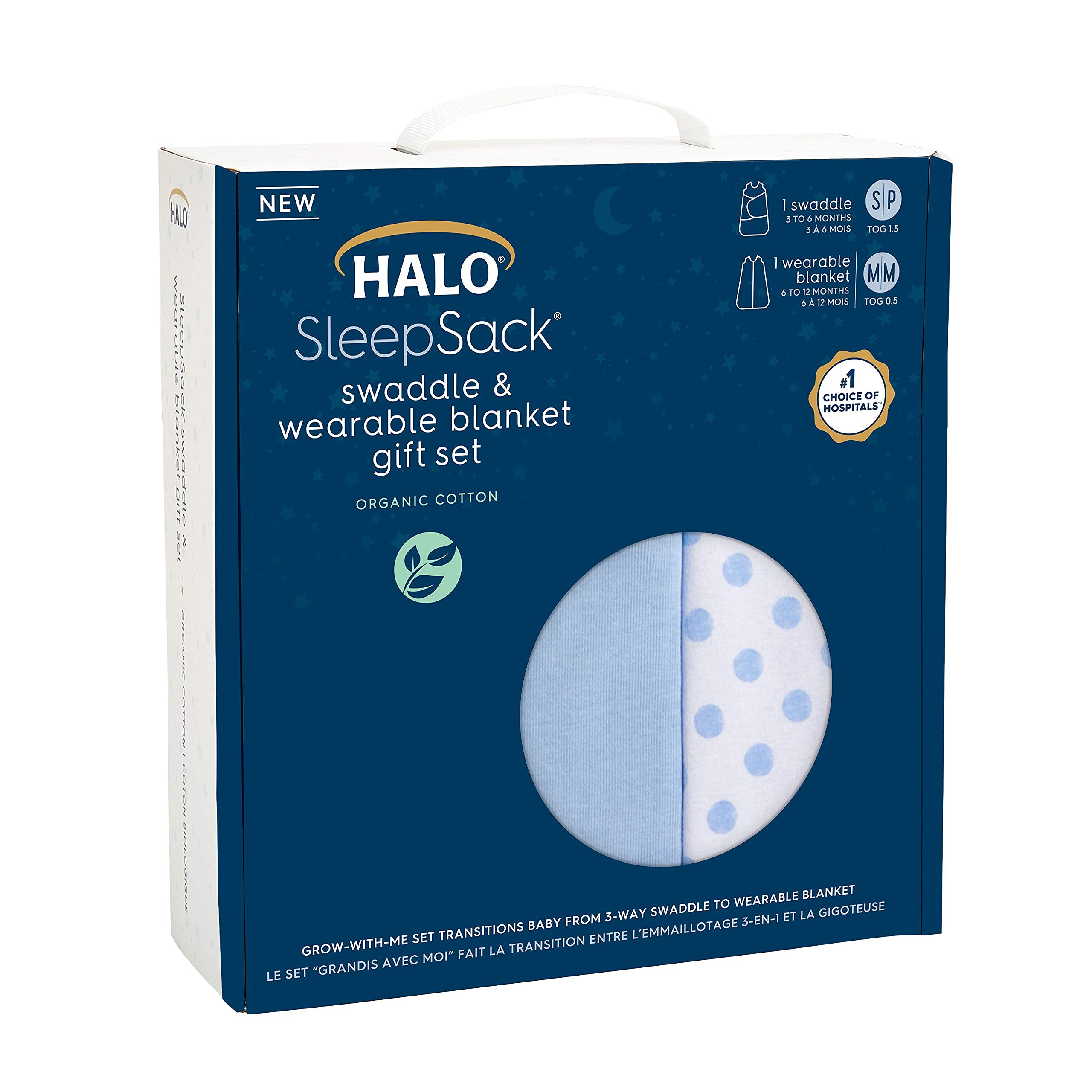 HALO Sleepsack Gift Set Bundle - 100% Cotton 3-Way Swaddle, Neutral Triangles, Newborn - Organic Cotton Swaddle & Wearable Blanket 2-Piece Gift Set Box, Chambray