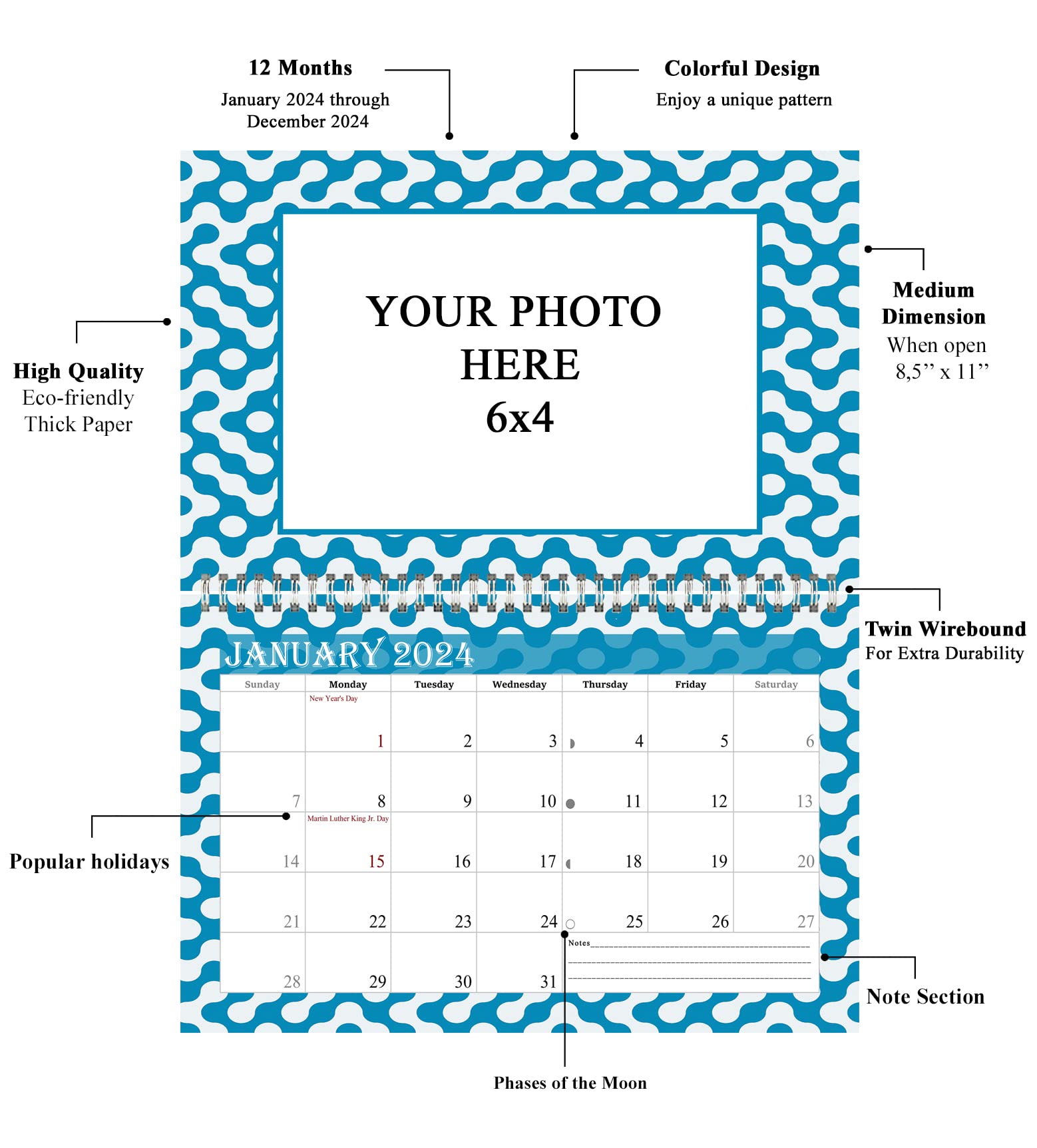 2024 Photo Frame Wall Spiral-bound Calendar (Add Your Own Photos) - 12 Months Desktop/Wall Calendar/Planner - (Geometrics Edition #004)