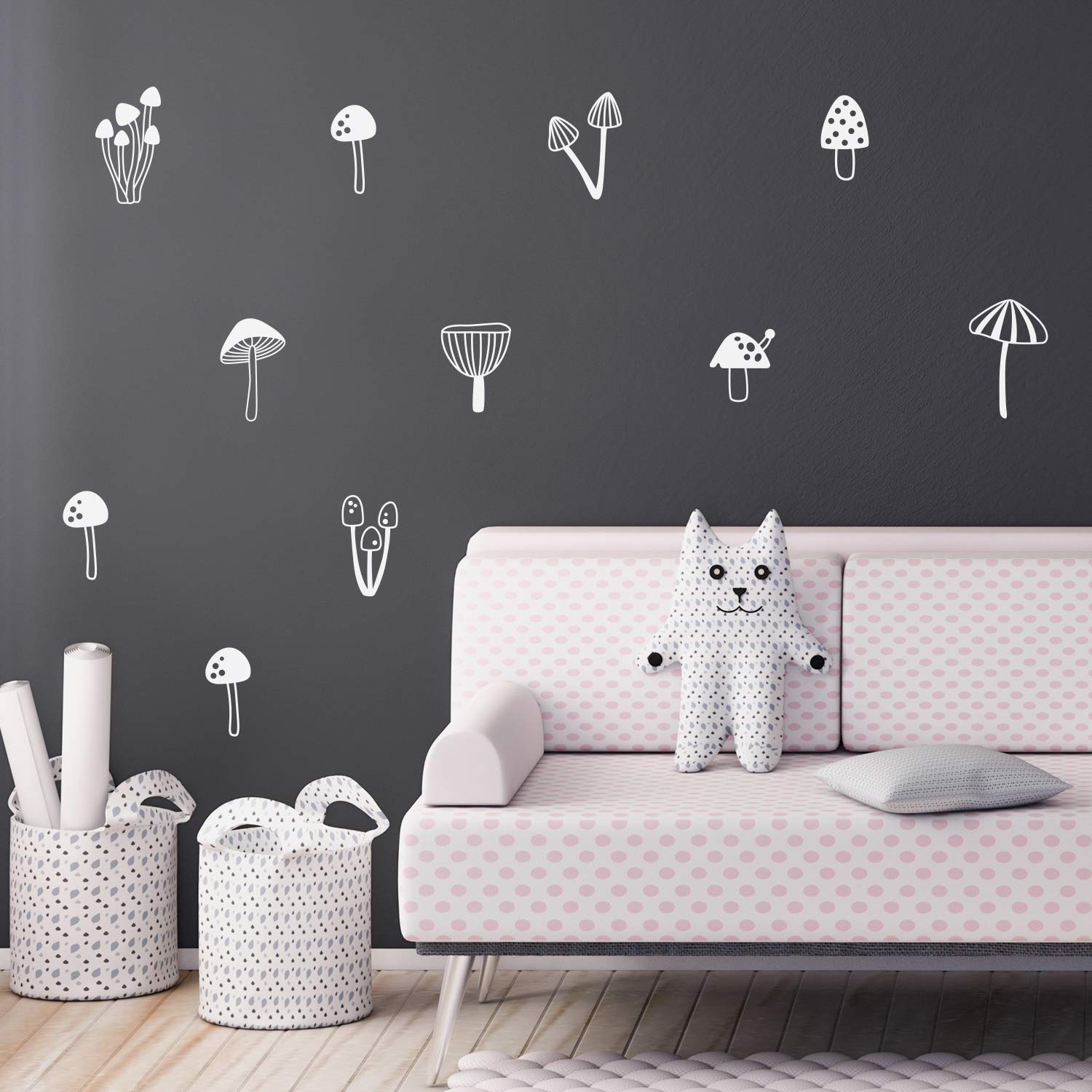 Set of 20 Vinyl Wall Art Decal - Mushroom Pattern - from 5" x 2" Each - Cool Adhesive Sticker Cute Design for Baby Kids Room Bedroom Playroom Home School Classroom Nursery Decor (White)