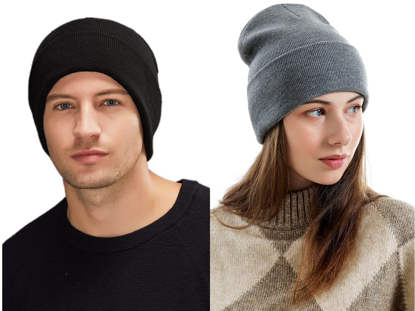 2-Pack Men's Standard Daily Beanie Hat Classic Cuffed Plain Skull Knit Winter Cap for Men & Women Warm Snug Slouchy Soft Headwear Unisex (Black&Dark Grey 2pcs)