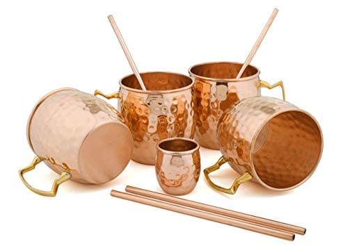 ARTISANS VILLAGE Moscow Mule Mugs | Set of 4 | 100% Pure Copper Solid Mugs | Gold Brass Handles | Size 16 oz | BONUS: Premium Straws and Shot Glass