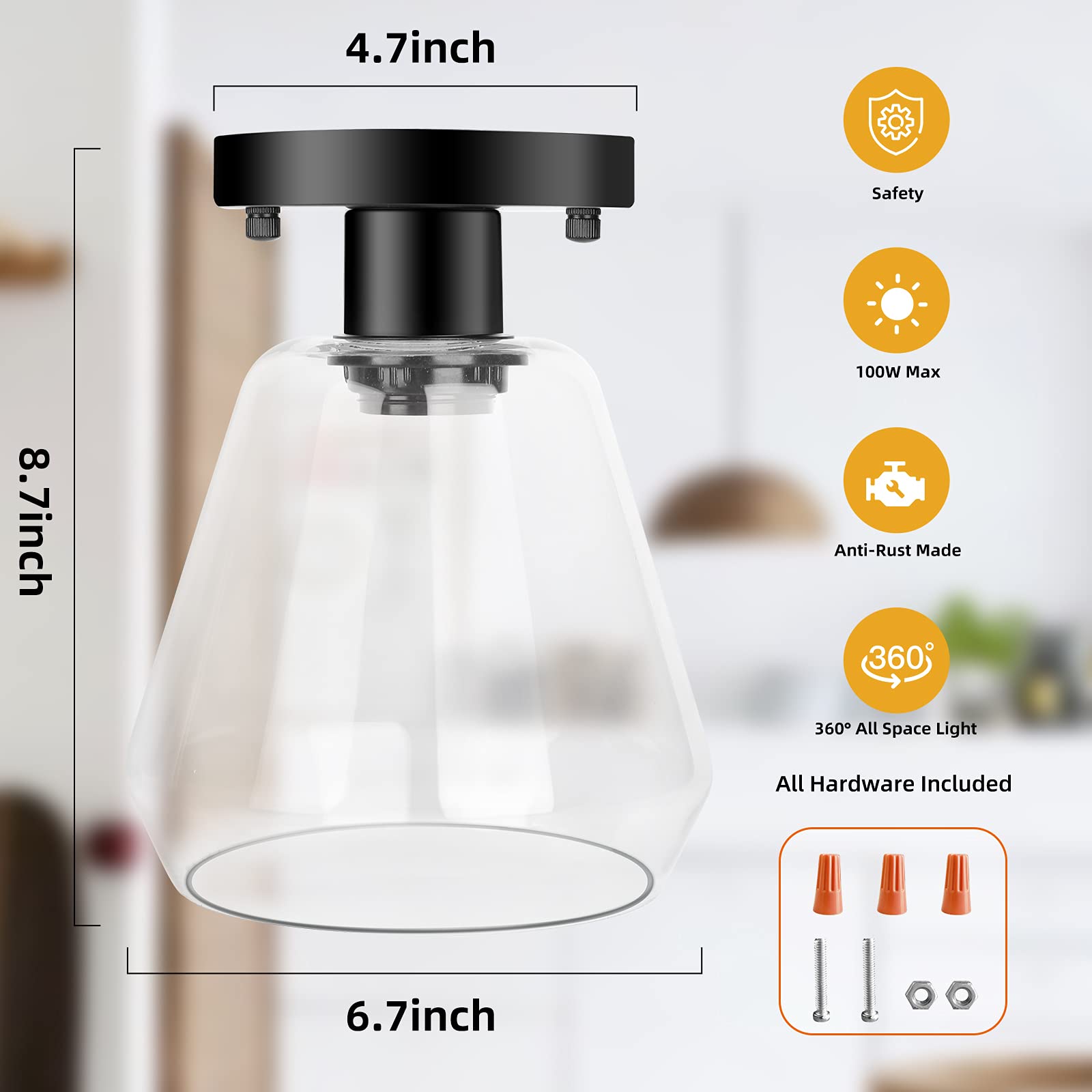 2-Pack Modern Industrial Semi Flush Mount Ceiling Light with Clear Glass Shade, Black Farmhouse Ceiling Light Fixtures for Hallway Bedroom Porch Kitchen Corridor, E26 Socket, Bulbs Not Included