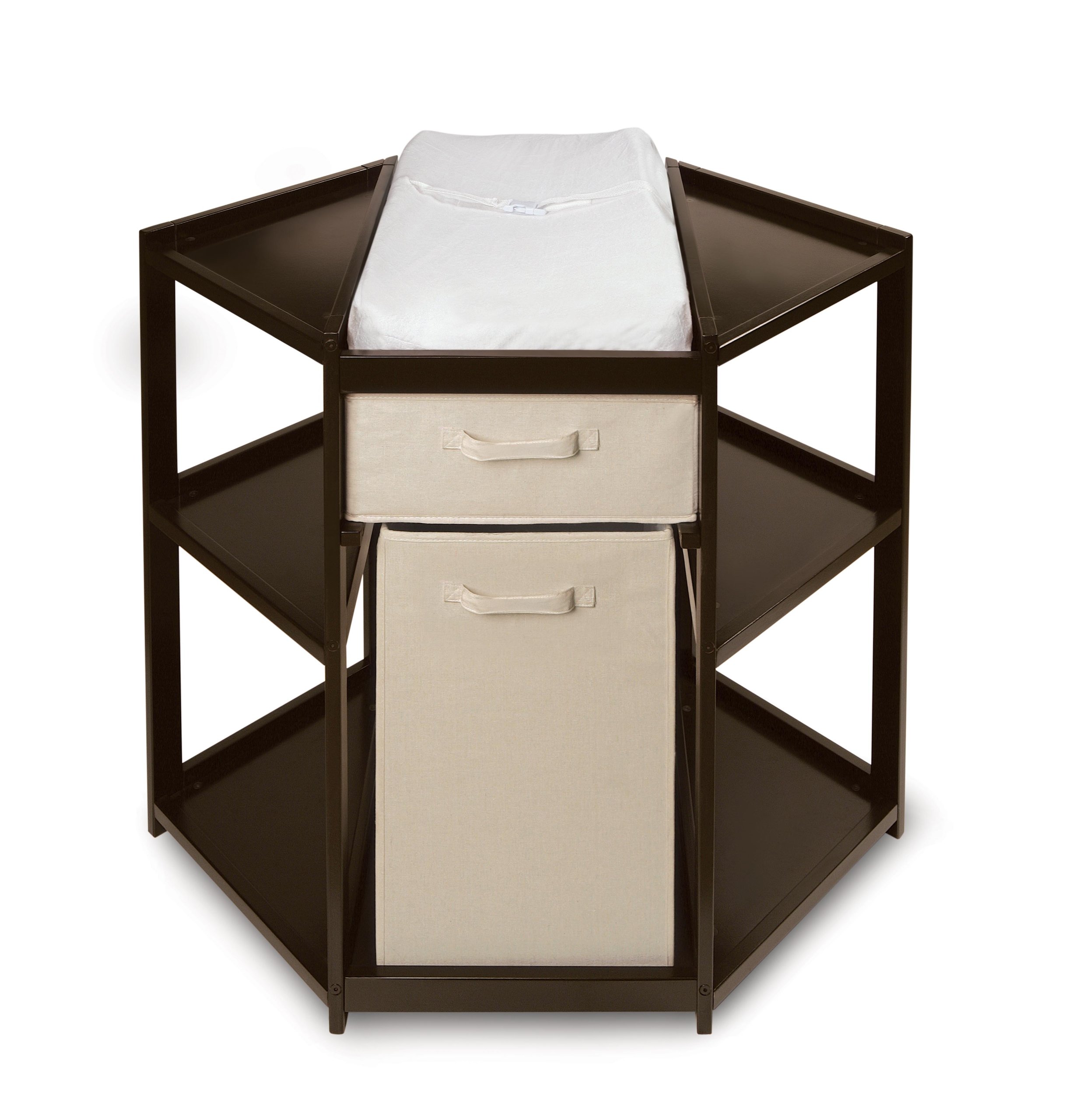 Badger Basket Corner Diaper Changing Table with Laundry Hamper, Storage Bin, and Contoured Pad for Baby - Espresso