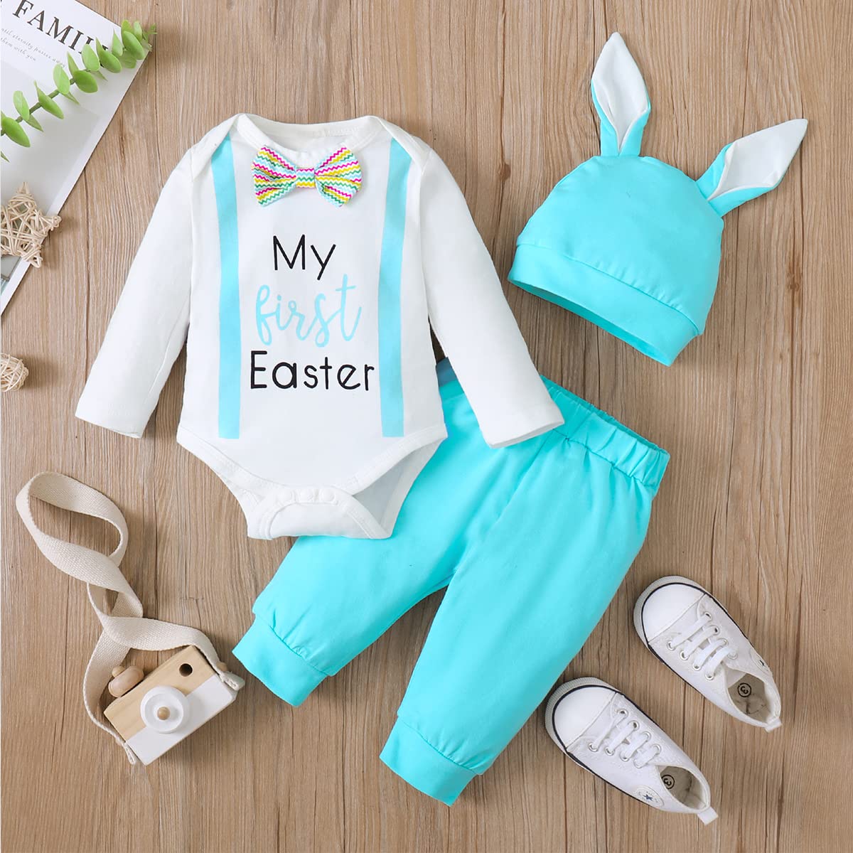 Detigee Baby Boys My First Easter Outfit Toddler 1st Easter Day Bodysuit (Blue,6-12 Months)