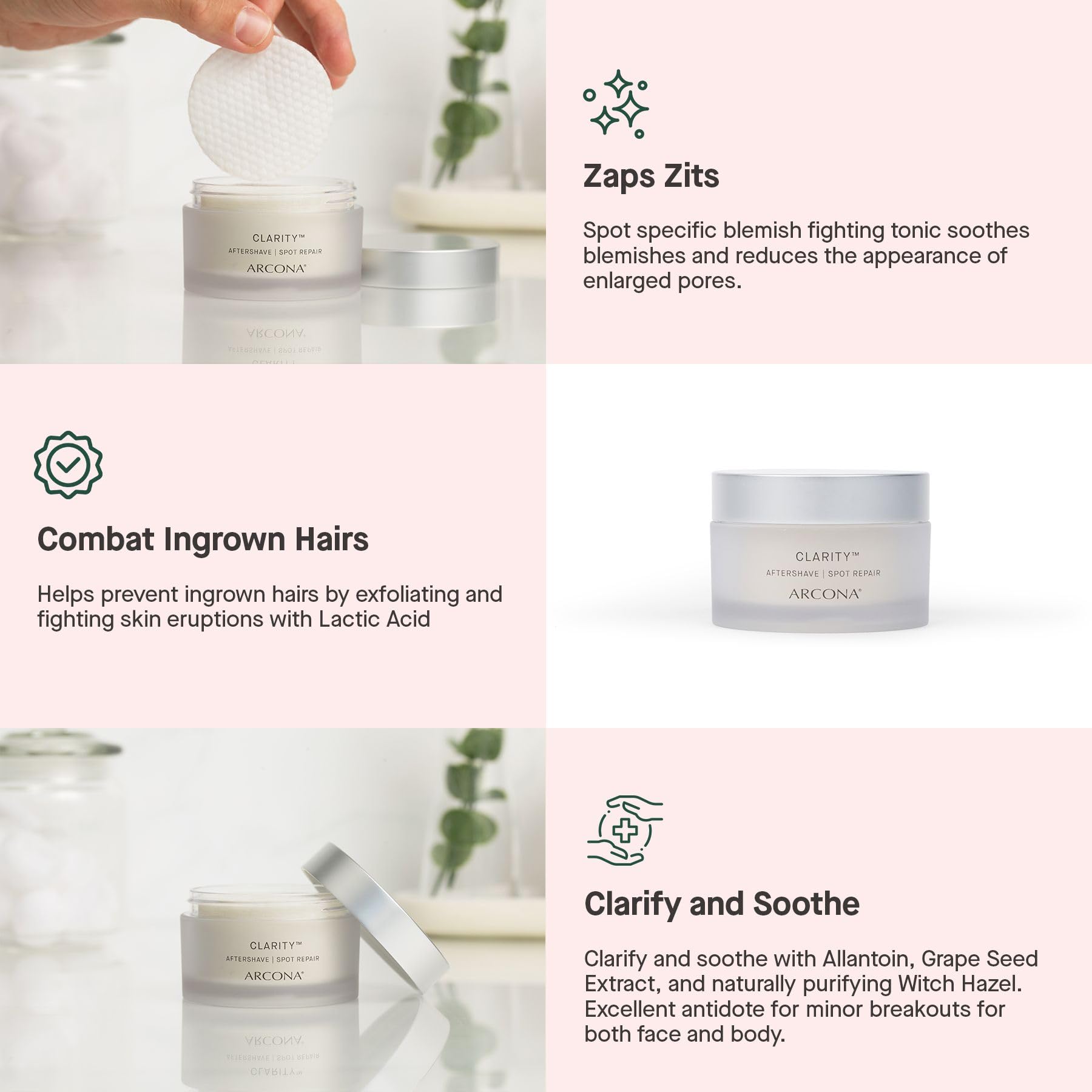 ARCONA Clarity Aftershave Pads - Lactic Acid, Witch Hazel, Methol, Aloe + Grape Exfoliate, Fight Blemishes + Soothes Skin - 45 Pads. Made in The USA