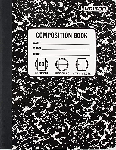 Bundle of 5 Wide Ruled Marbled Composition Notebooks; 1 of Each Color ;Red, Blue, Green, Yellow and Black