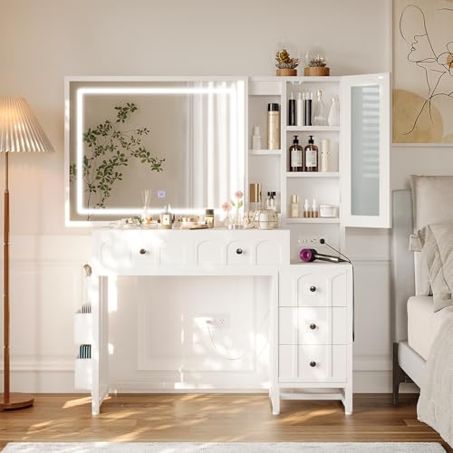 Breezestival Vanity Desk with LED Lights Mirror, White Makeup Vanity with Power Outlet & 5 Drawers, Dresser with Storage Shelves & Side Pocket for Bedroom, Dressing Room, 3 Adjustable Light Colors